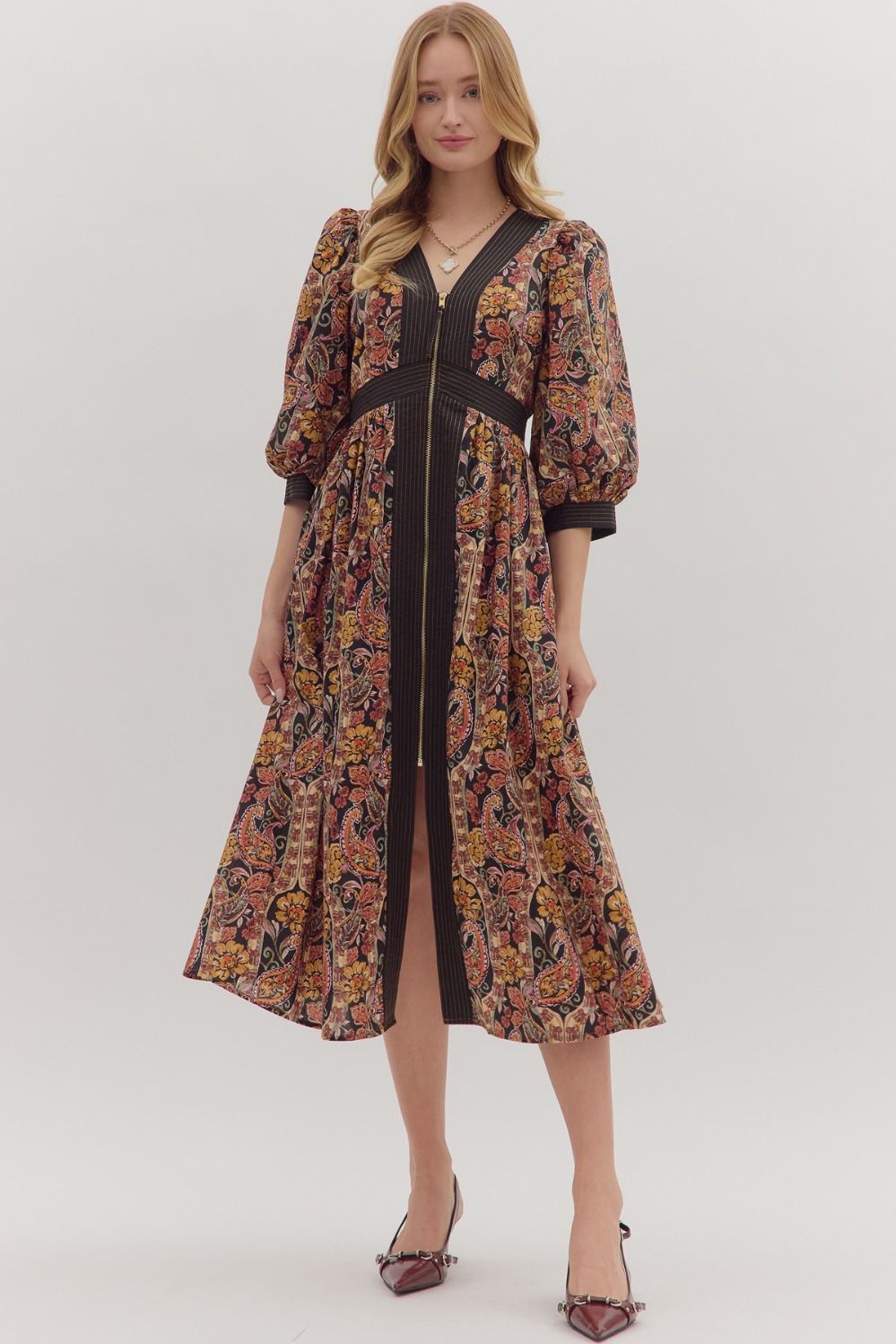 Paisley print puff midi dress – Simon and Pine